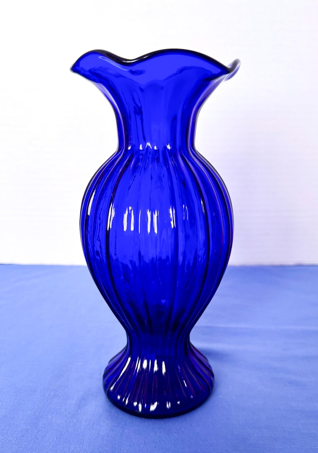 Vintage Cobalt Blue Vase Ribbed Ruffled Top 9” - Etsy