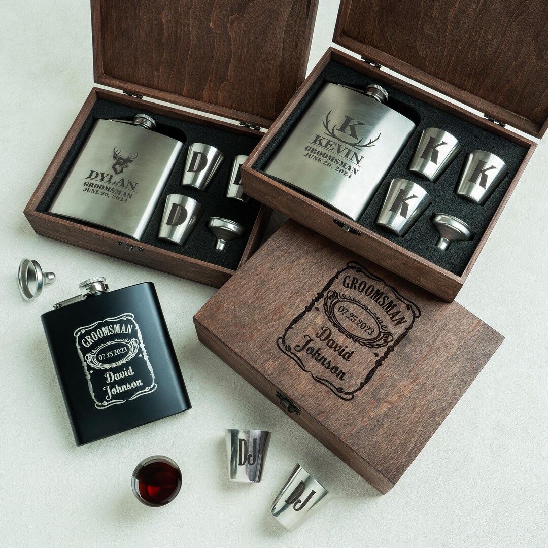 Personalized Whiskey Flask Set, Groomsman Gift, Custom Engraved Flask ...