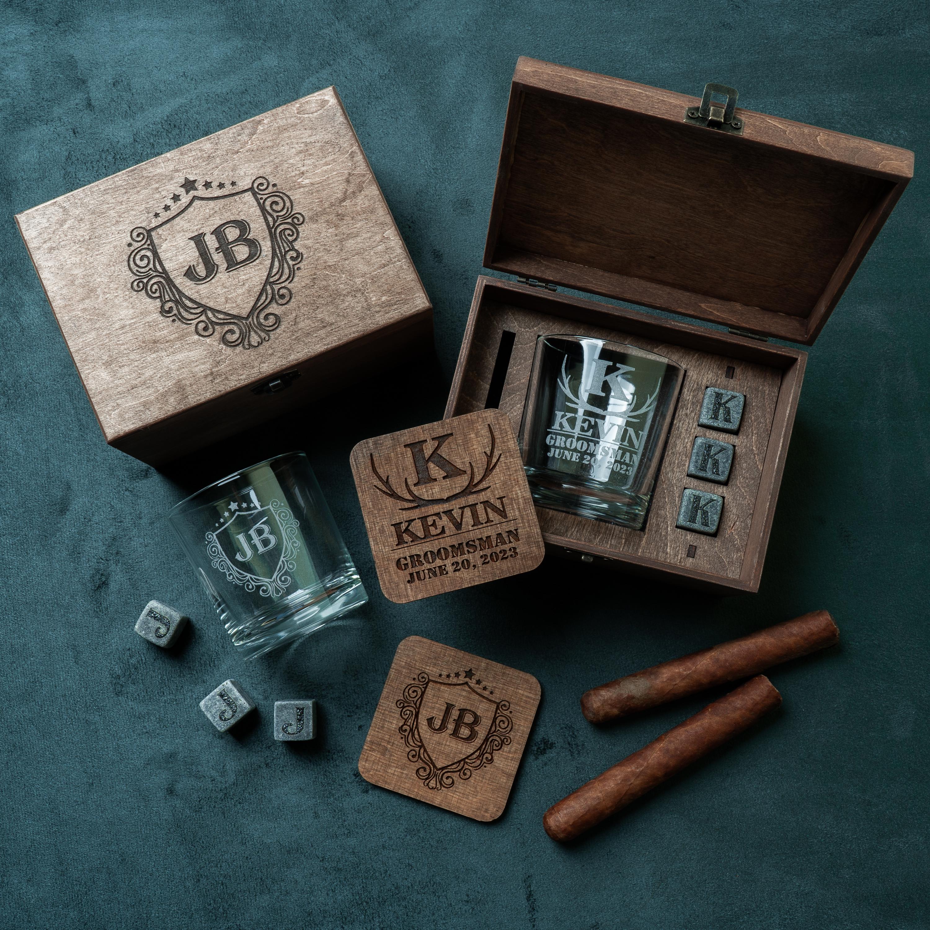 Custom Glasses With Etched Logo in Wooden Box, Engraved Whiskey Glasses ...