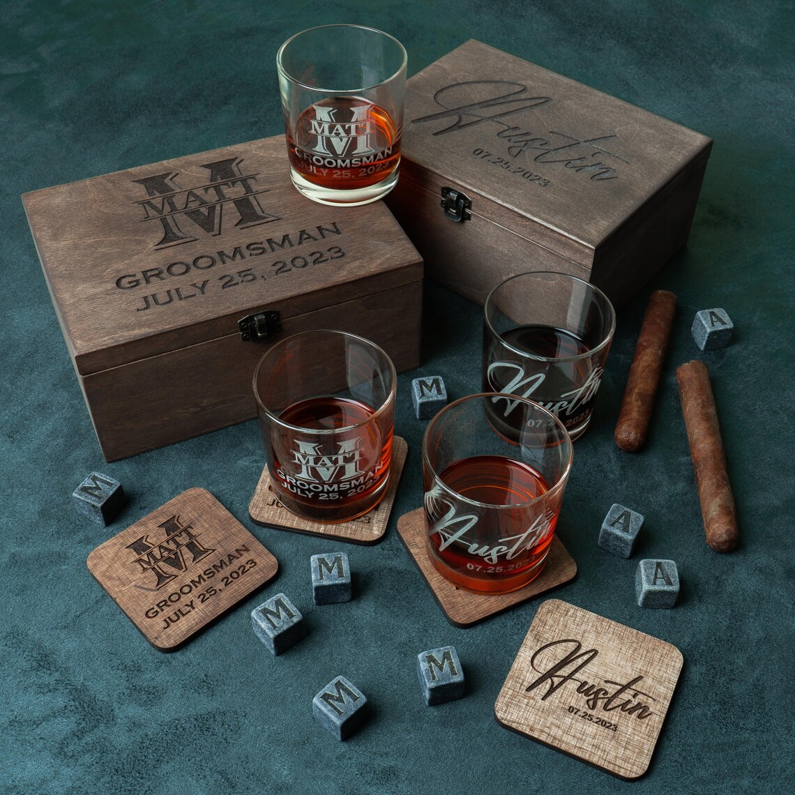 Custom Glasses With Etched Logo in Wooden Box, Engraved Whiskey Glasses ...