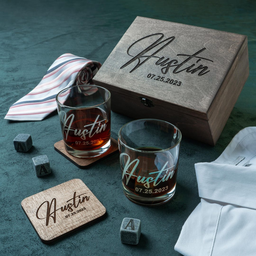 Custom Etched Logo Glasses Set in Wooden Box - Personalized Whiskey ...