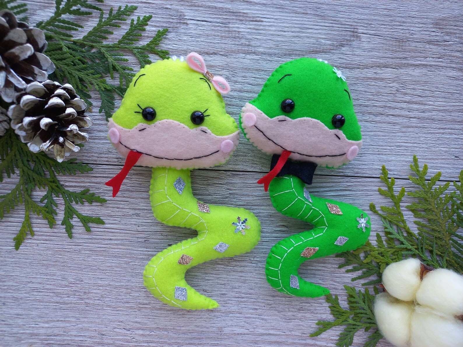Christmas Ornament Snake, Felt Green Snake, Symbol 2025, Felt Snake ...