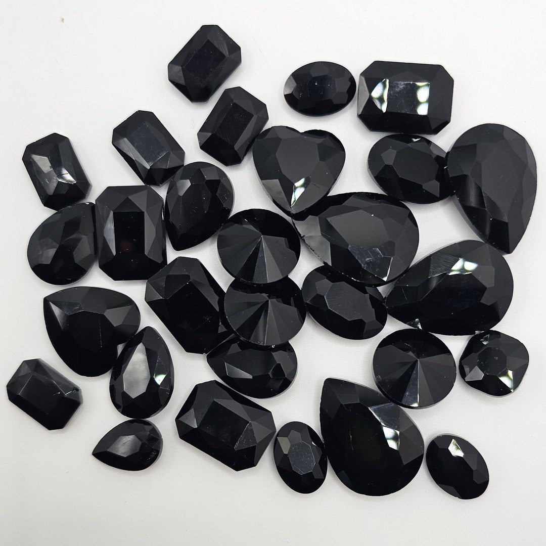 30 Pcs Opaque Black Mixed Shapes and Sizes Glass Point Back Gems Jewels ...