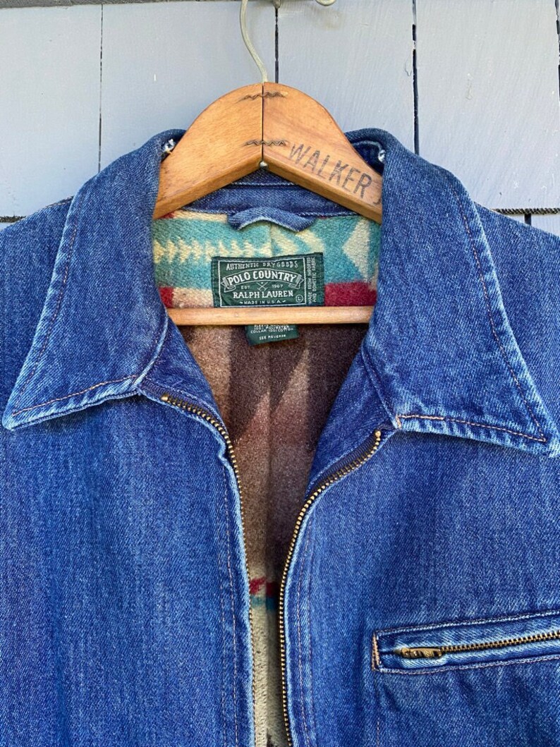 Vintage Polo Country Ralph Lauren Southwestern Wool Blanket Lined Denim Jacket L Large Made in ...