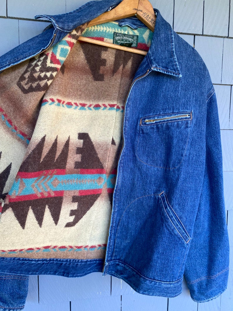 Vintage Polo Country Ralph Lauren Southwestern Wool Blanket Lined Denim Jacket L Large Made in ...