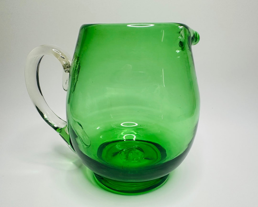 Vintage Blown Glass Pitcher, Green Glass With Clear Applied Handle - Etsy