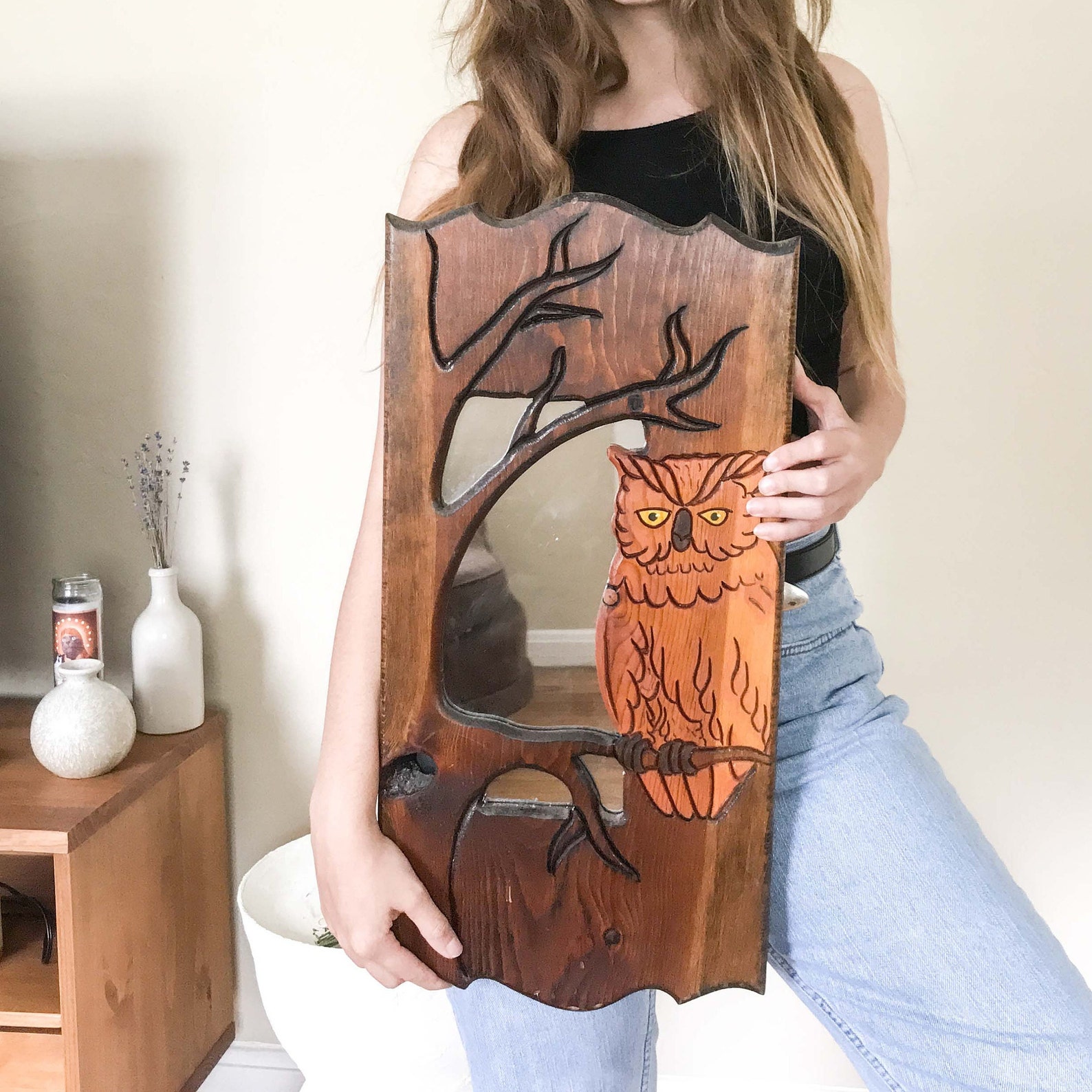 Vintage Hand Carved Wood Owl Mirror Owls Owl Decor Owl - Etsy