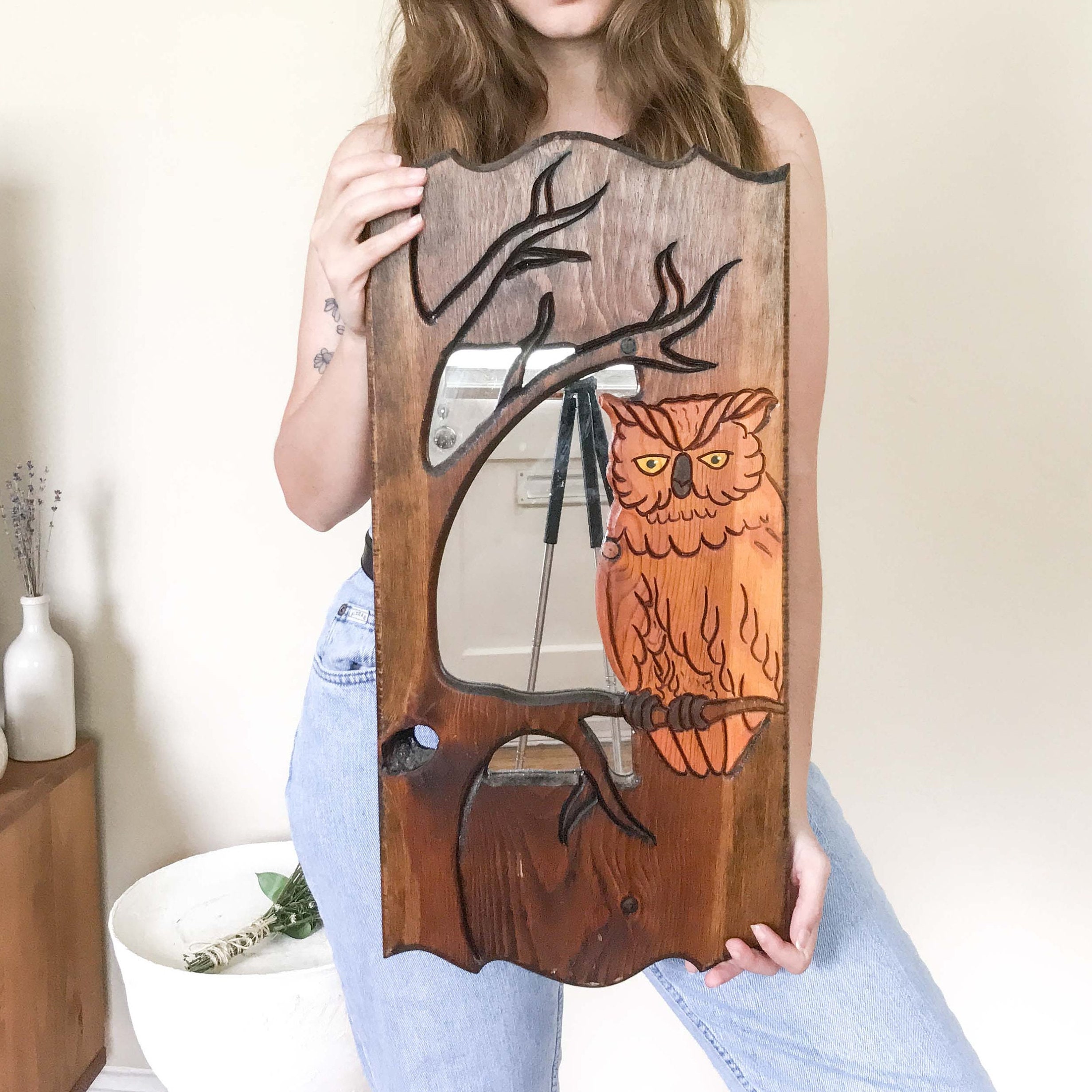 Vintage Hand Carved Wood Owl Mirror Owls Owl Decor Owl - Etsy