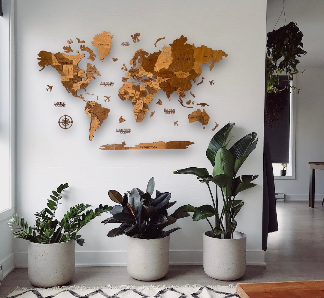World Map Wall Art Decor Wood Map 3D Wooden World Map - Etsy