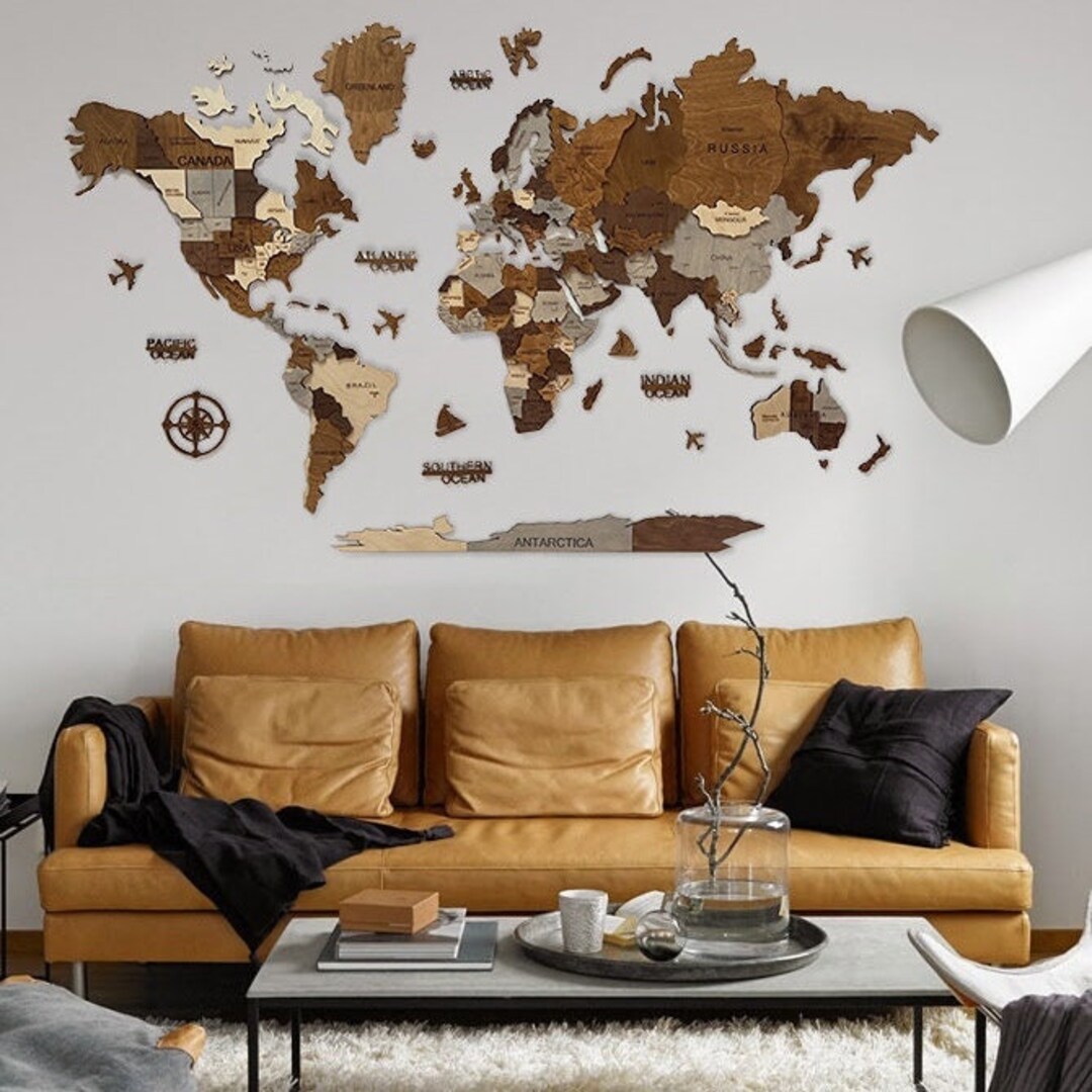 Wood World Map wooden Wall Map 3 D World Map Wall Art Decor - Etsy