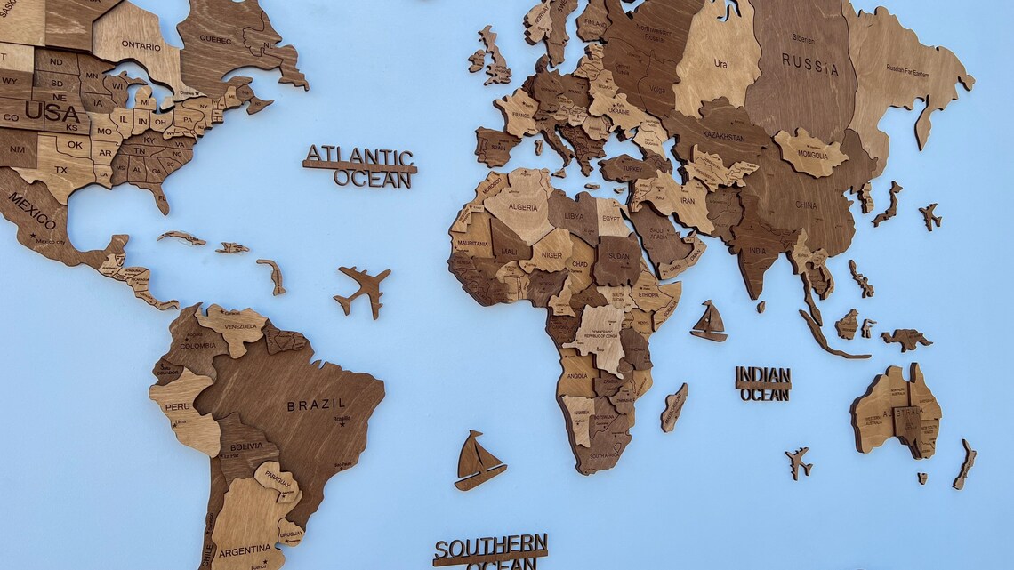 Wood World Map Living Room Décor, Modern Home Wall Art, Gift for ...