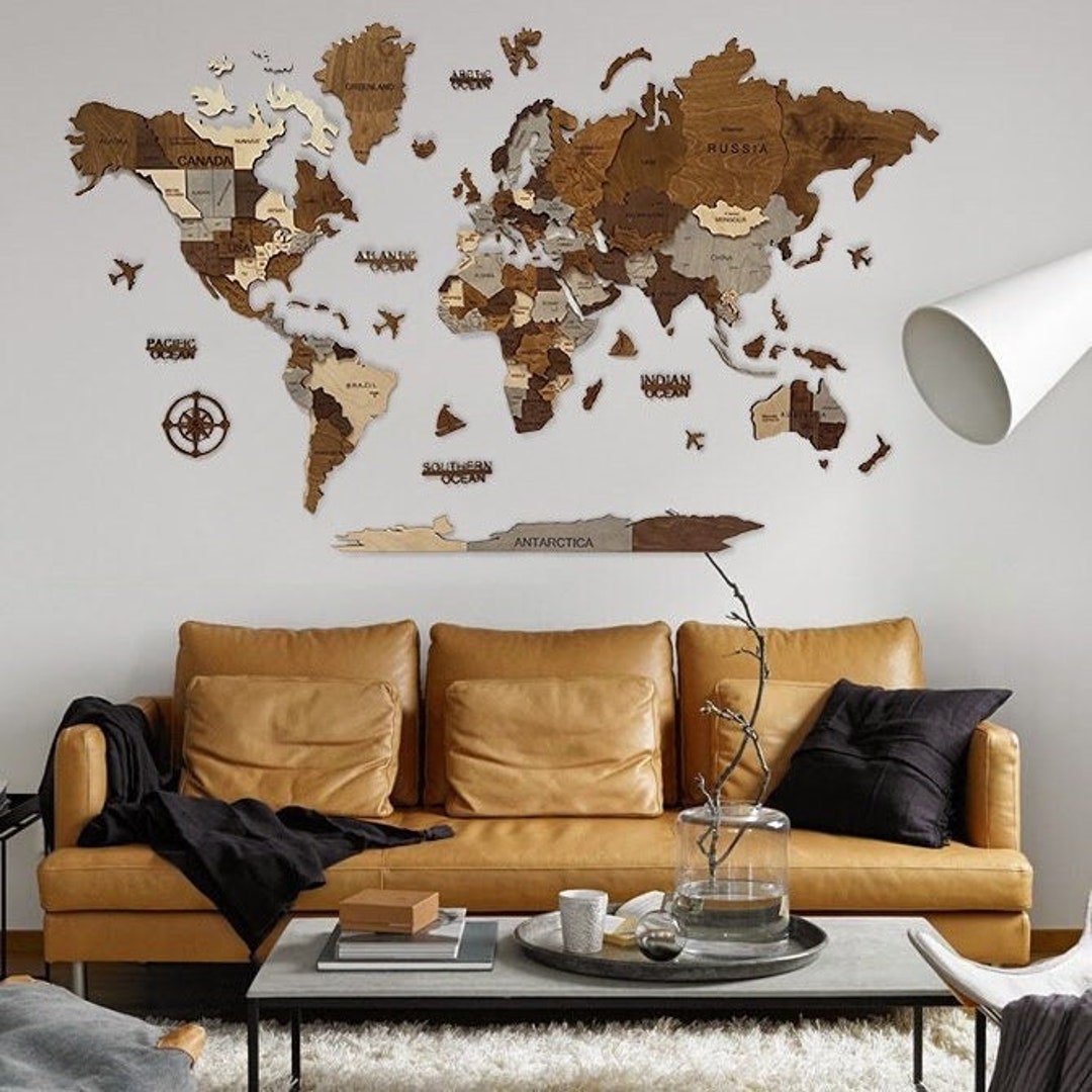 3D Wooden World Map – Travel Wall Décor, Rustic Office & Home ...