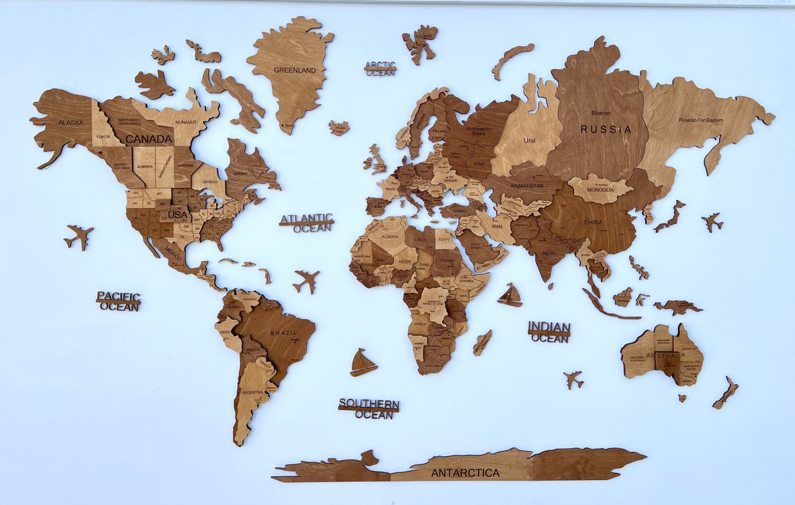 Wood World Map Living Room Décor, Modern Home Wall Art, Gift for ...