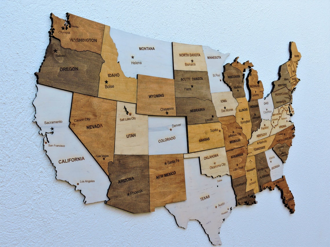 Wood 3D Map United States of America Handmade Wood Map Wood Art Wood ...