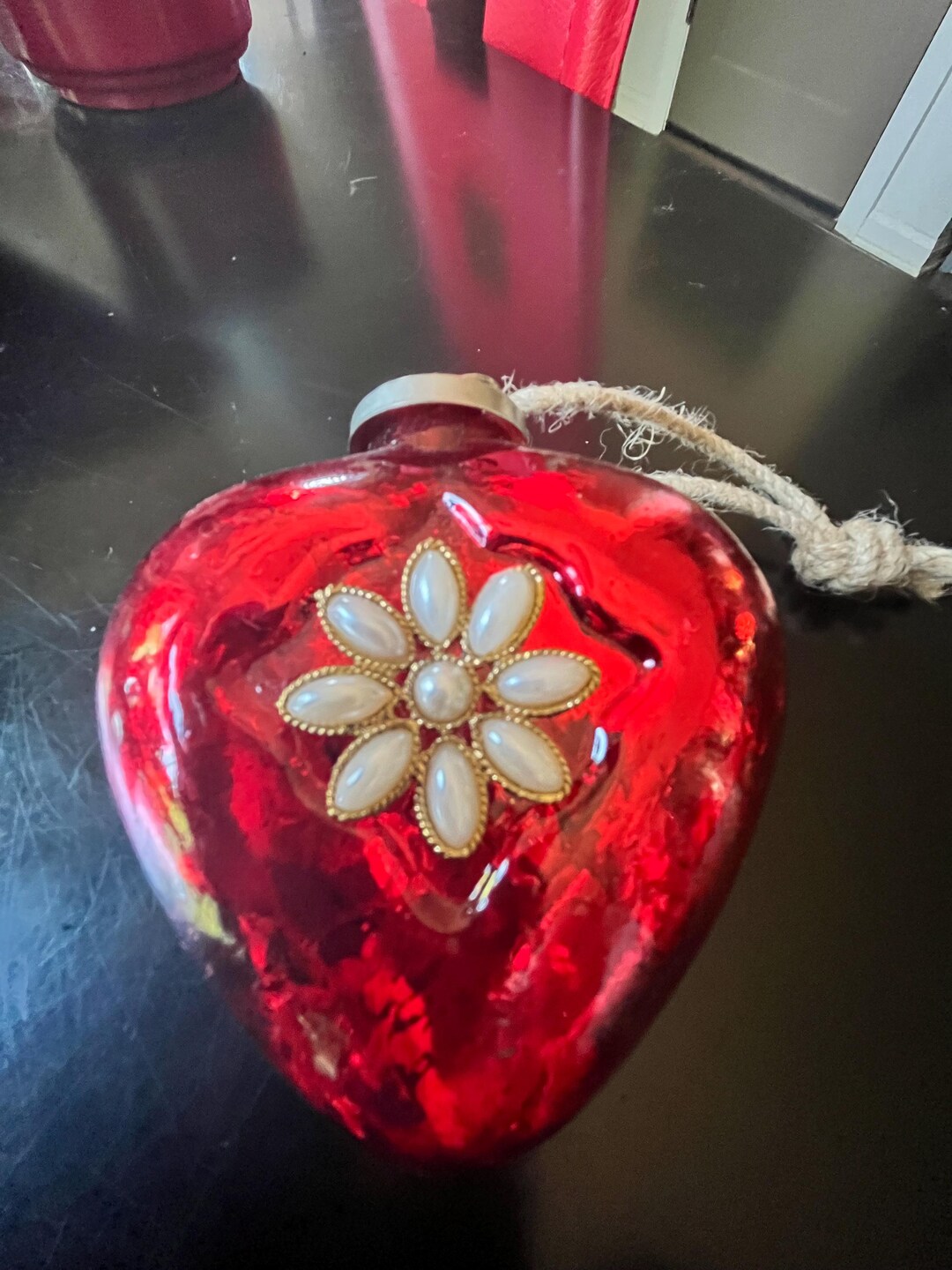 Beautiful Christmas Ornament, Blown Glass Heart With Flower Shaped ...