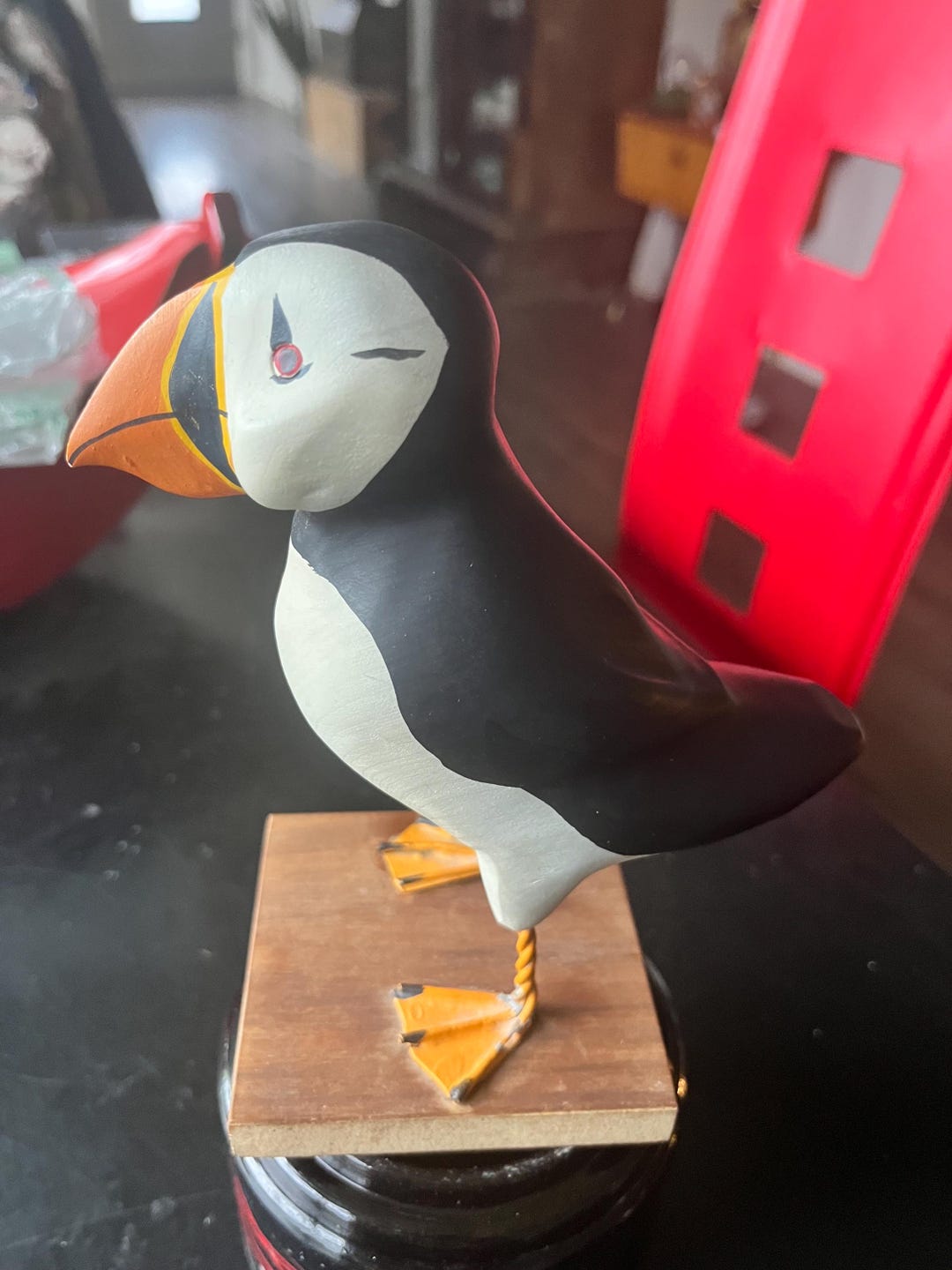 Artist Made, Carved and Painted Puffin Bird Wood W Metal Feet, on Wood ...