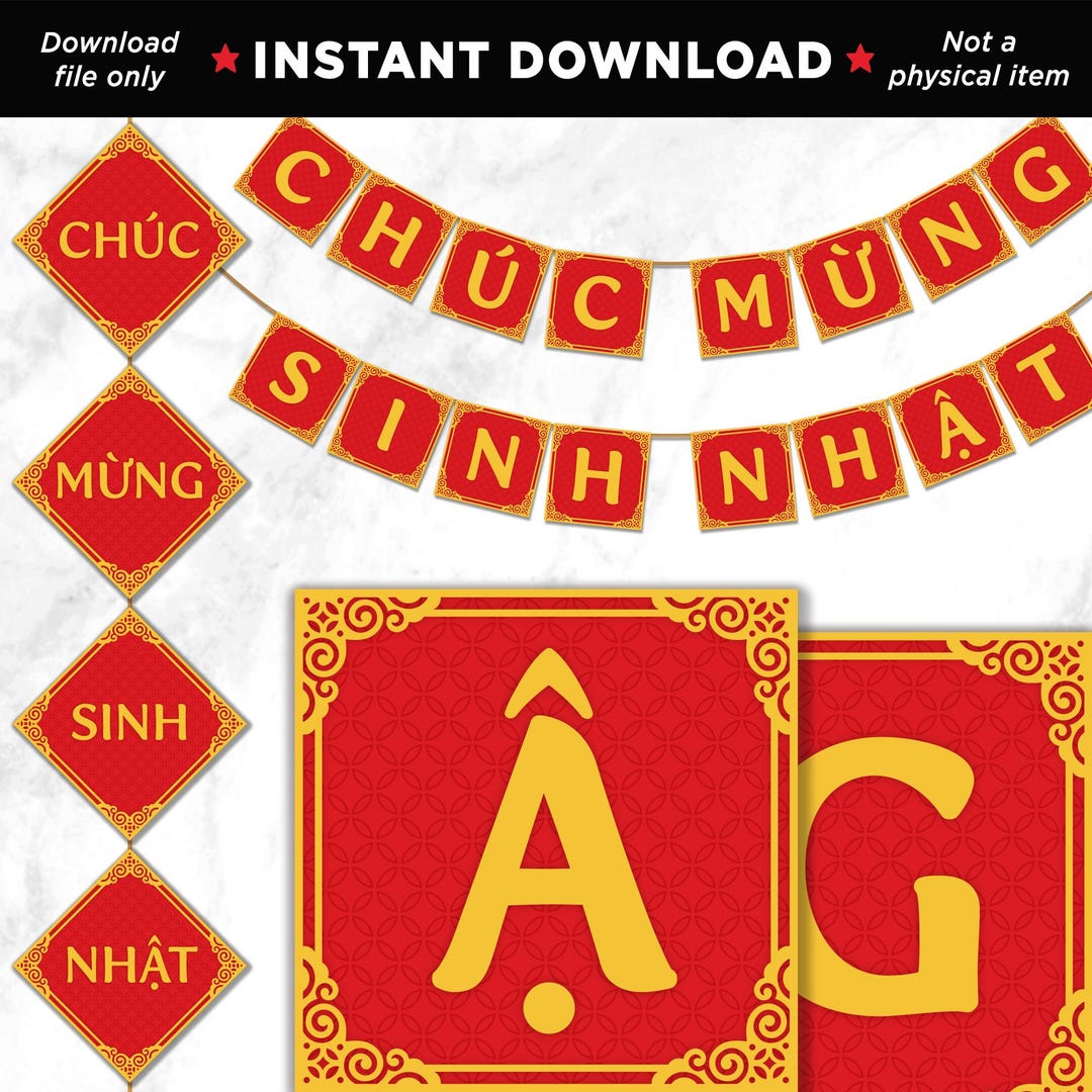 Vietnamese Birthday Banner, Chúc Mừng Sinh Nhật, Red Gold (digital ...
