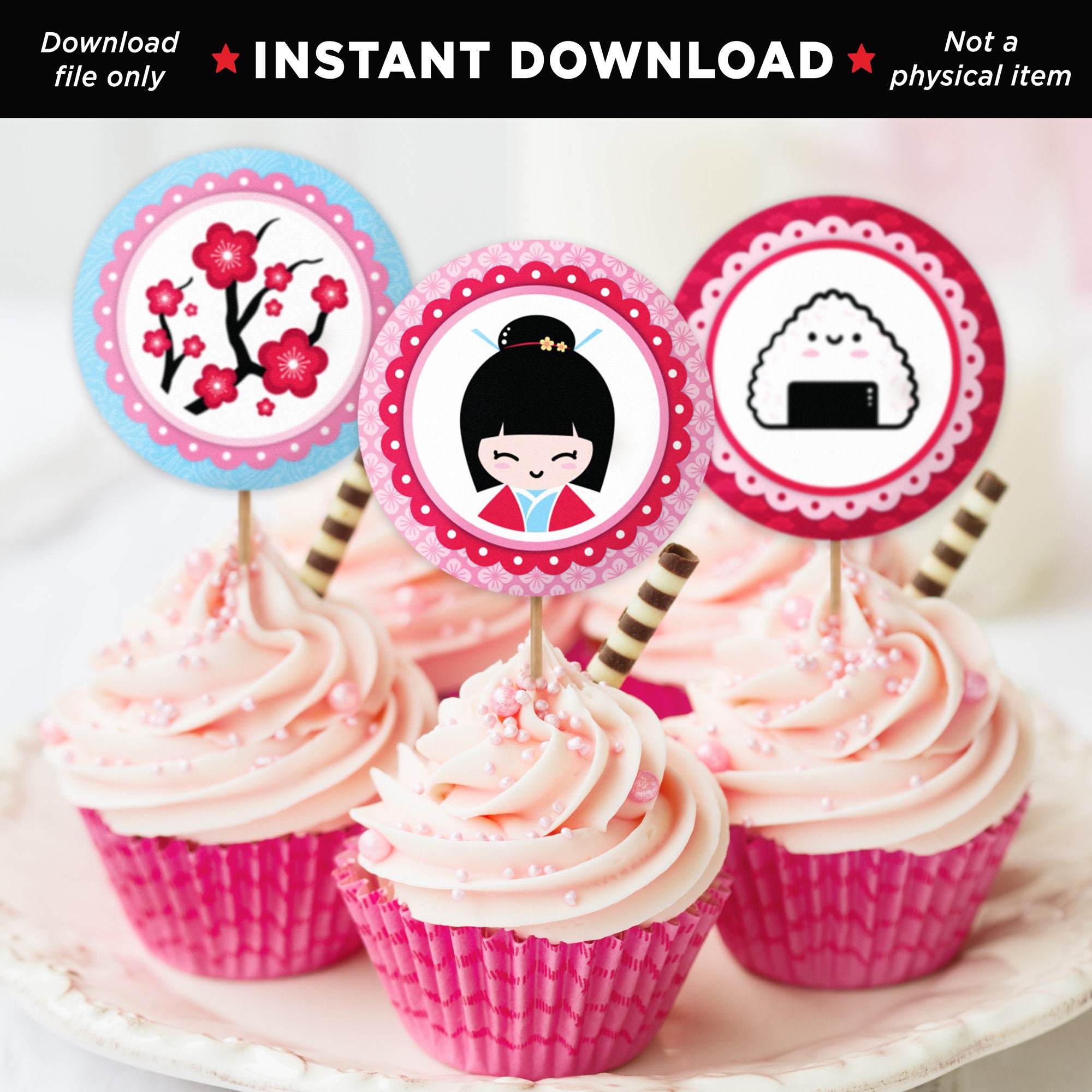 Cute Japanese Cupcake Toppers, Japanese Birthday, Kawaii Party, Kokeshi ...