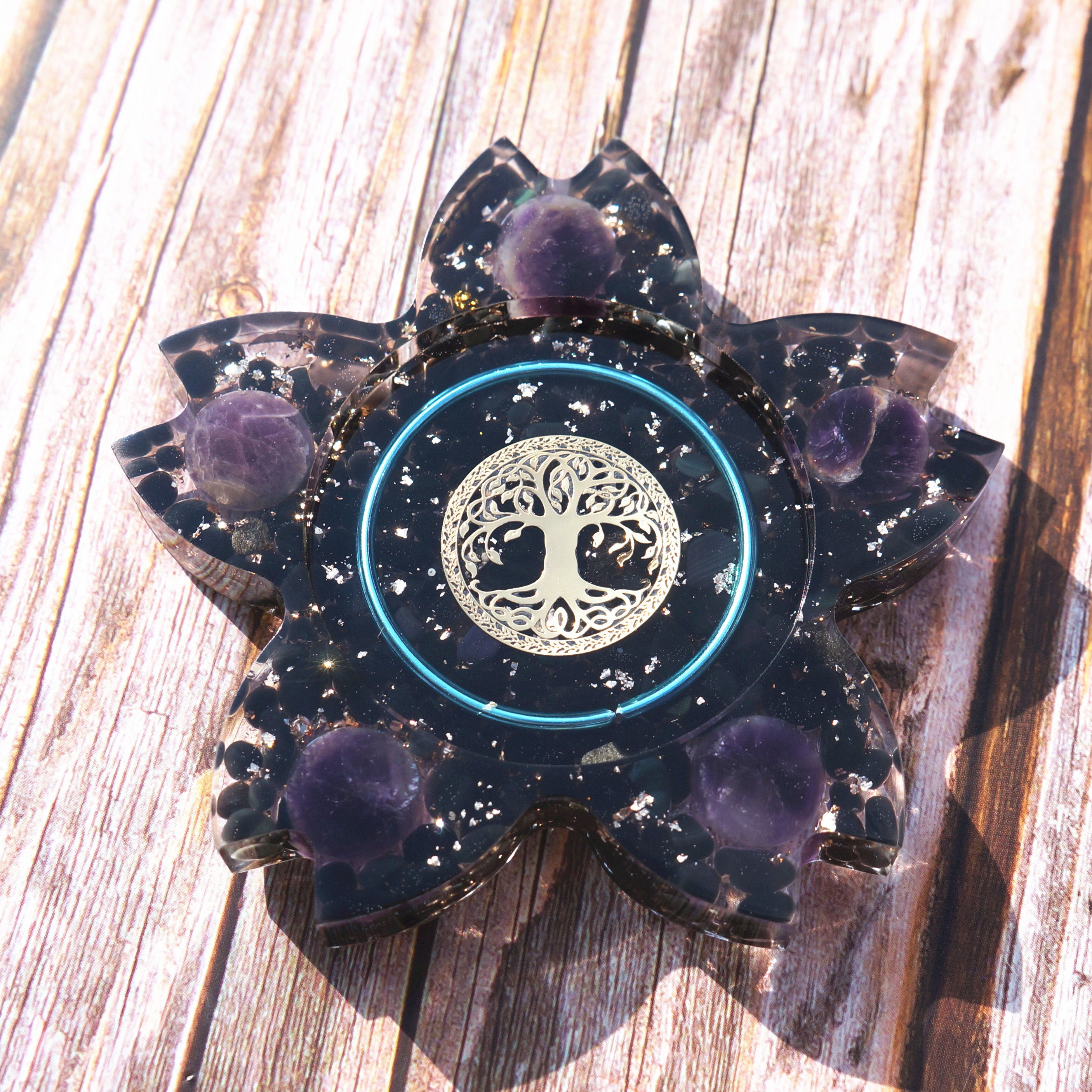 Tree of Life Amethyst Sphere With Obsidian Orgonite Coaster | Etsy