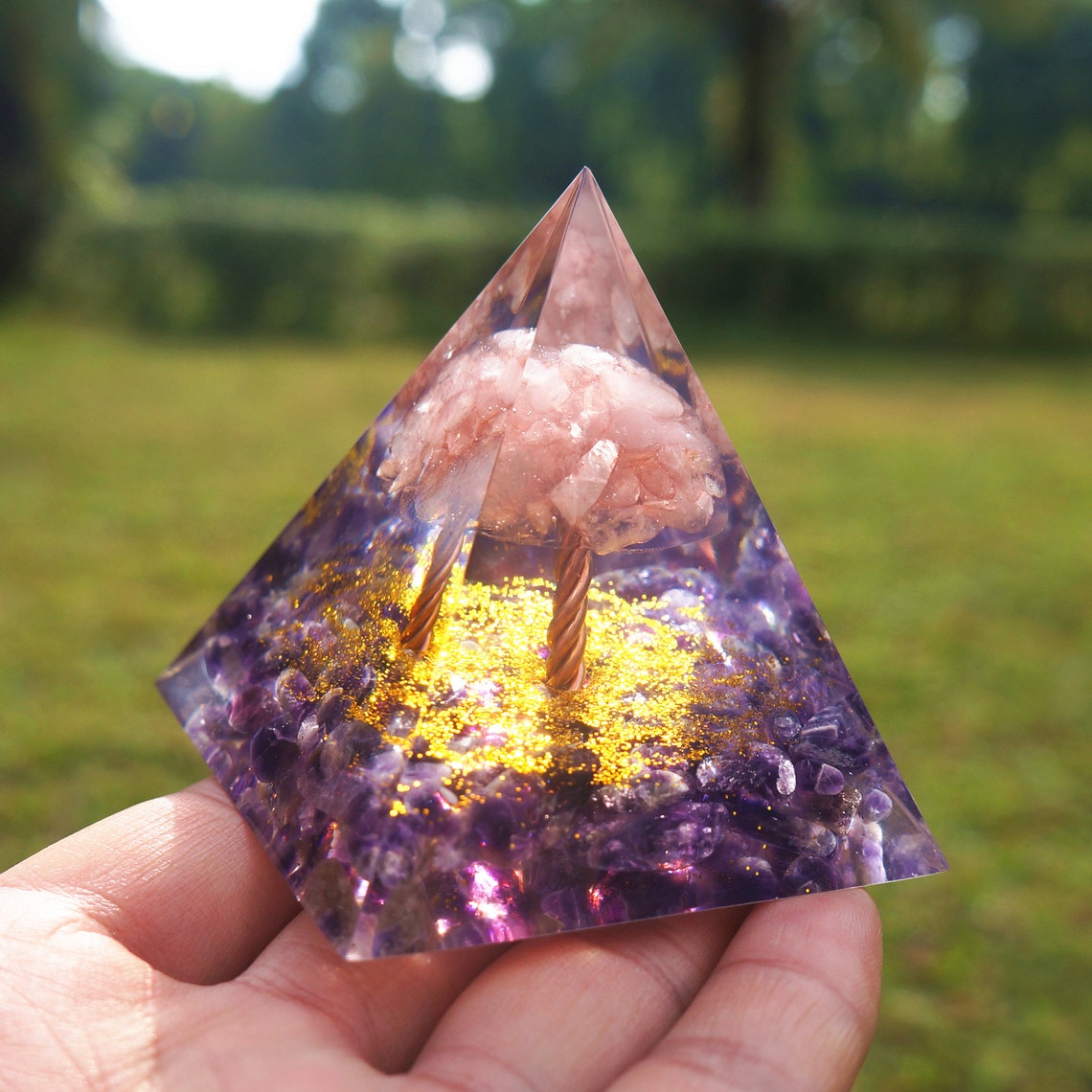 Tree of Life Rose Quartz and Amethyst Crystal Orgone Pyramid Reiki ...
