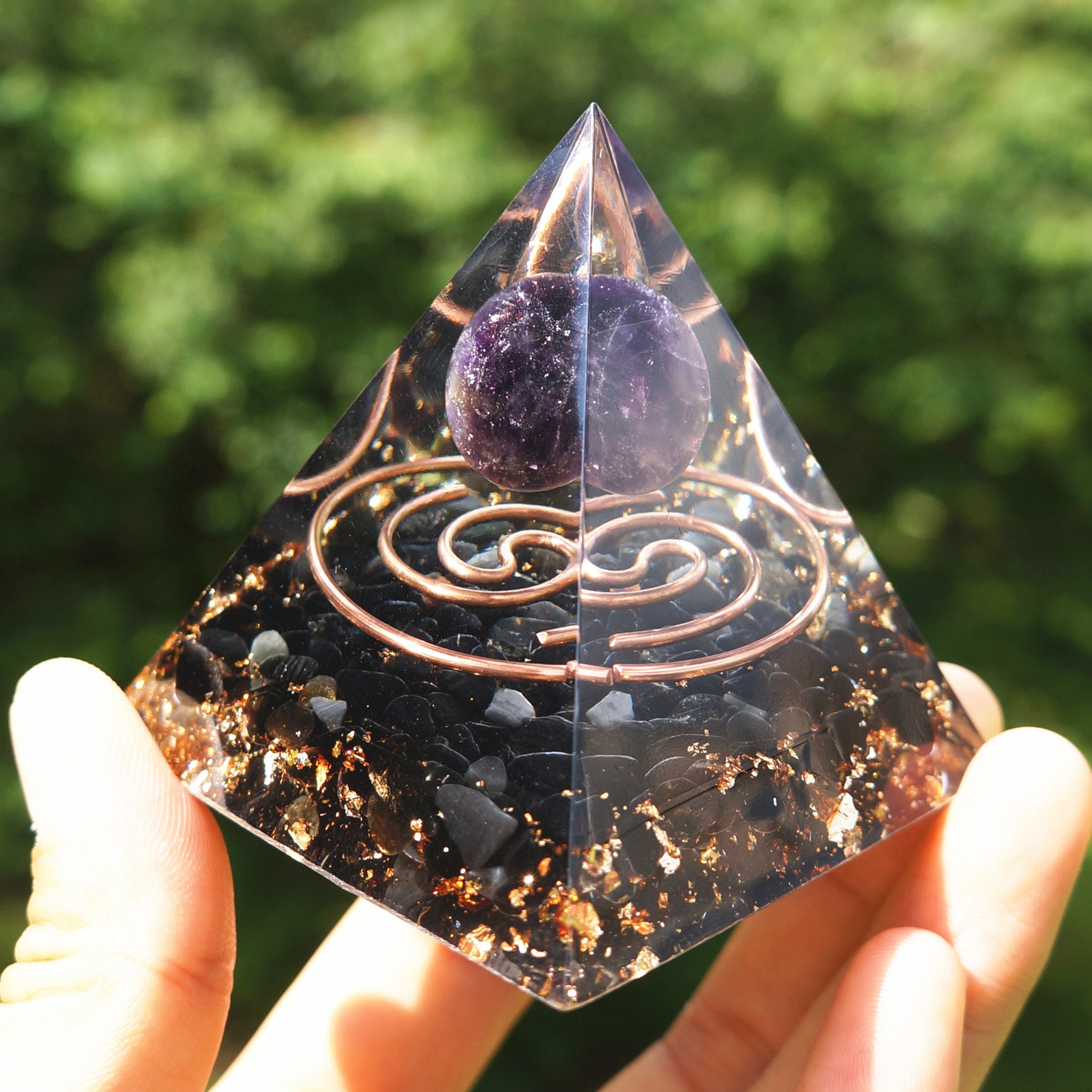 Infinity Symbols Amethyst Sphere With Obsidian Orgonite Pyramid, Reiki ...