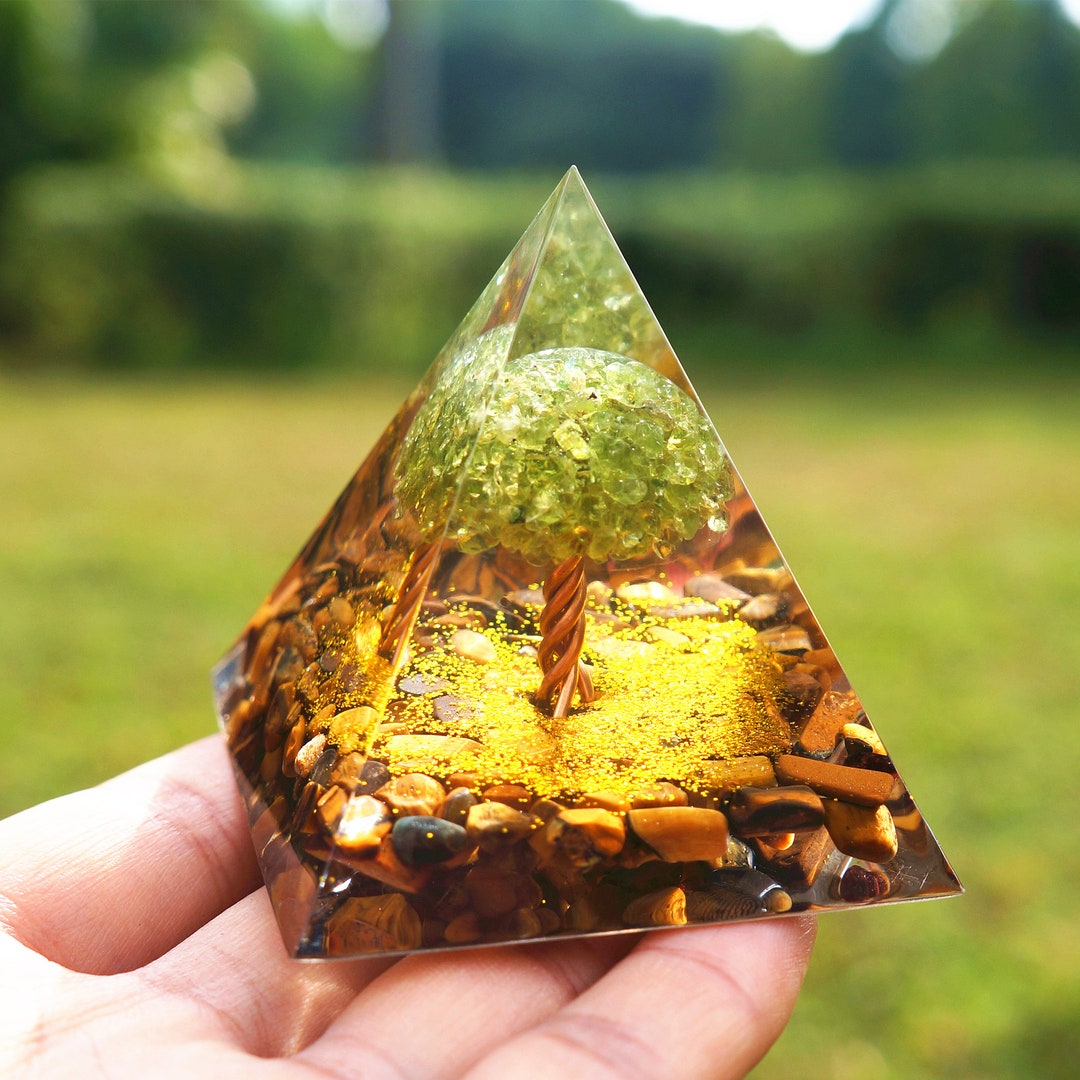 Tree of Life Peridot and Tiger's Eye Crystal Orgone Pyramid, Reiki ...