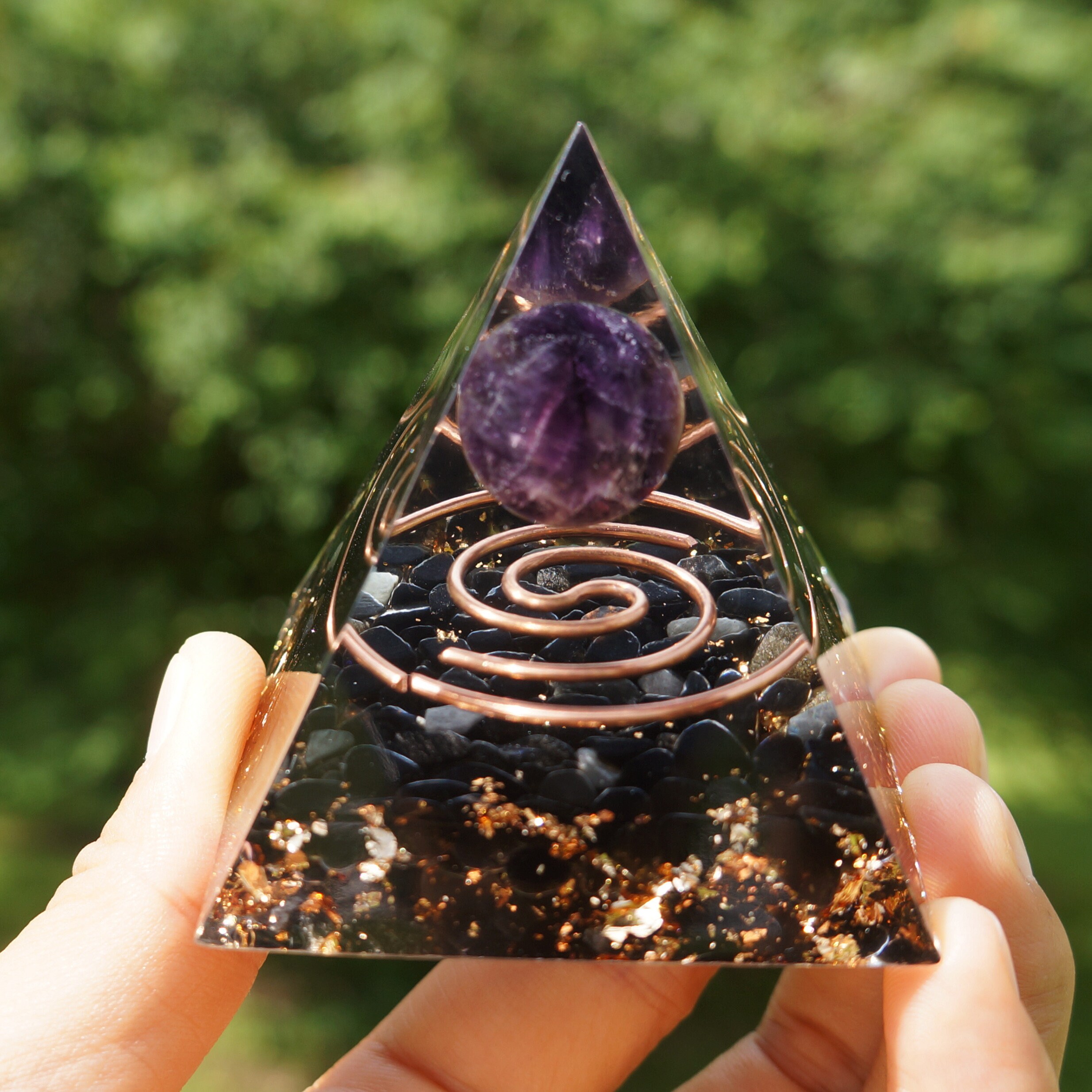 Infinity Symbols Amethyst Sphere With Obsidian Orgonite Pyramid, Reiki ...