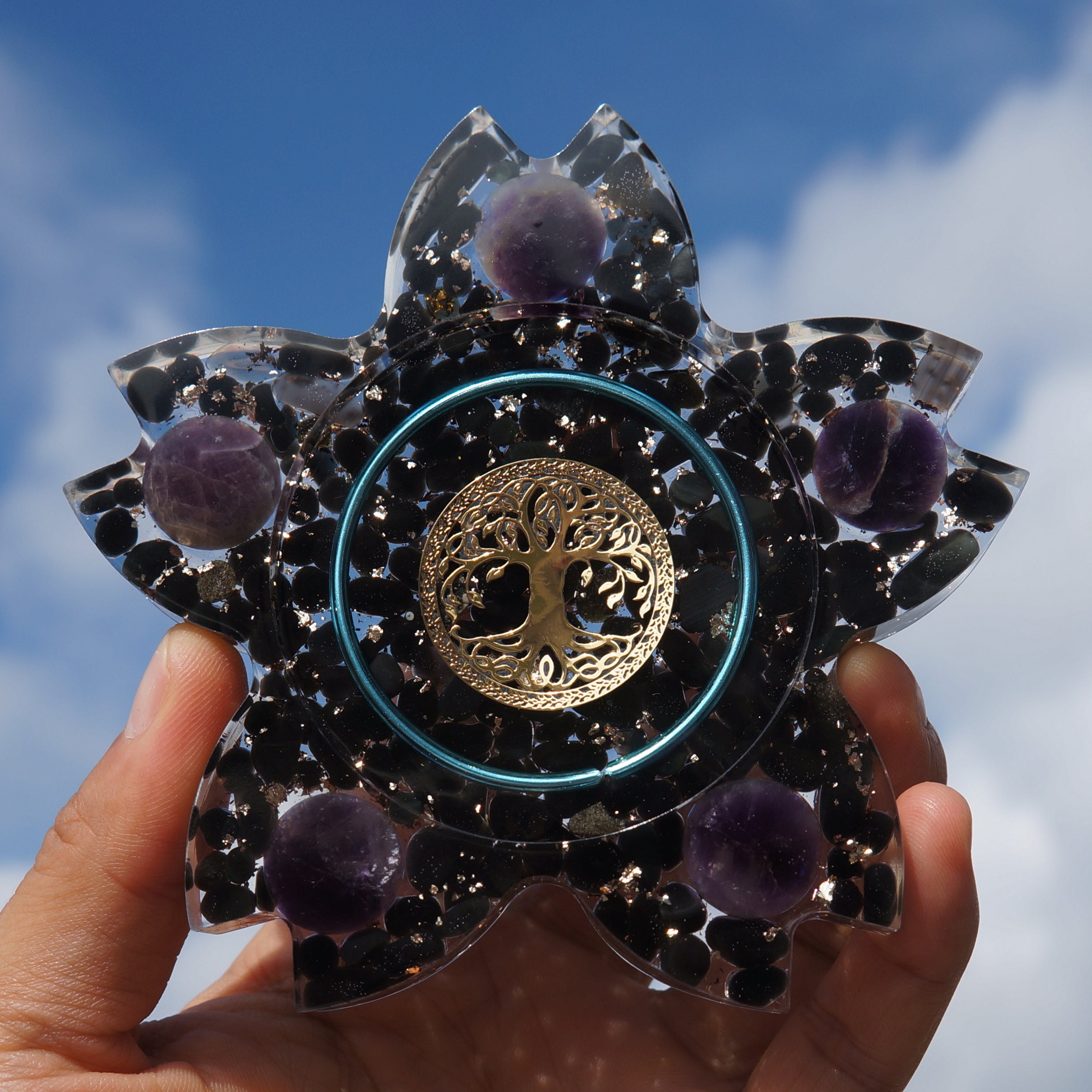 Tree of Life Amethyst Sphere With Obsidian Orgonite Coaster | Etsy