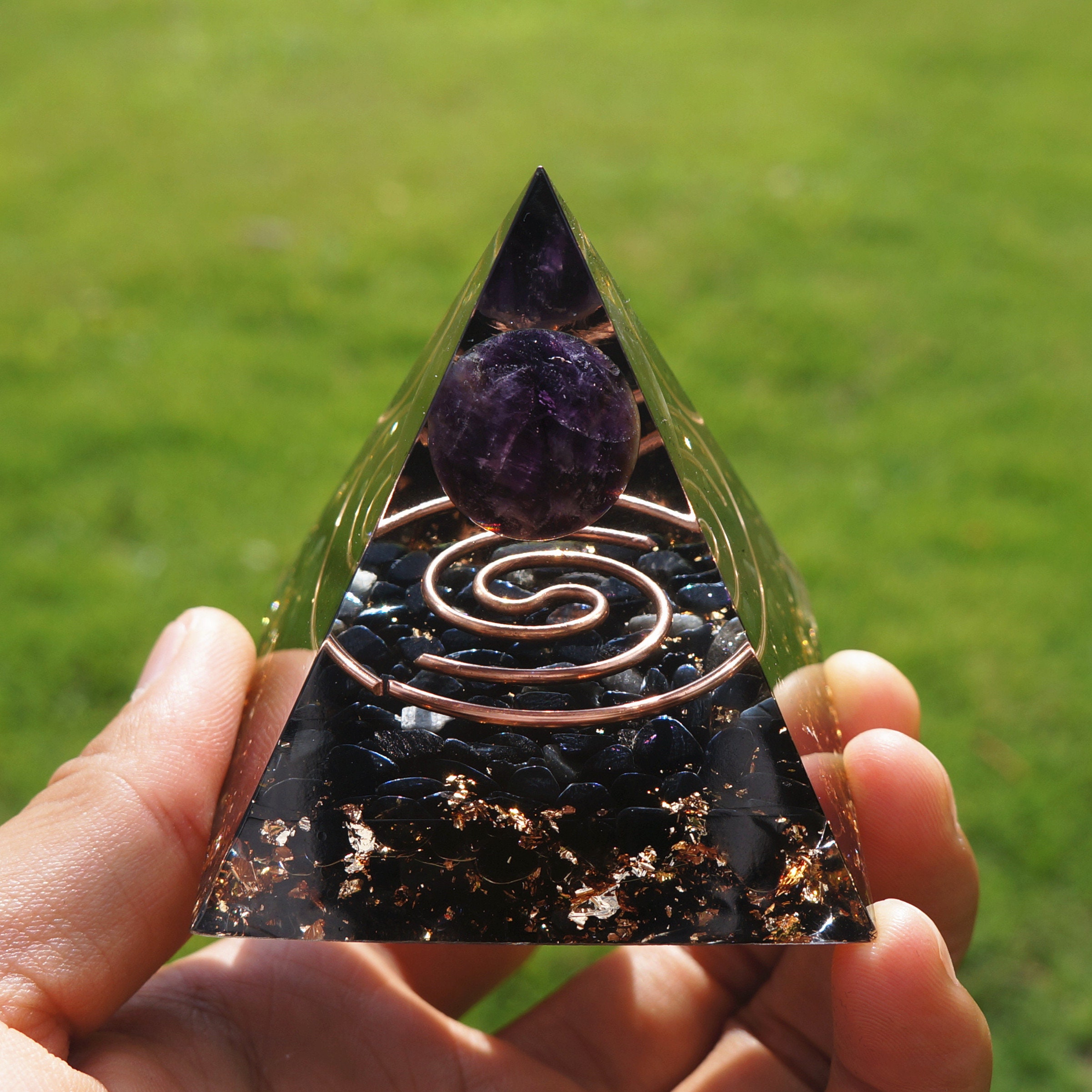 Infinity Symbols Amethyst Sphere With Obsidian Orgonite Pyramid, Reiki ...
