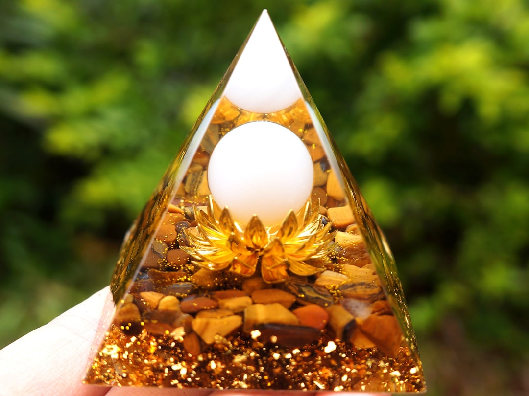 White Agate Sphere Copper Flower Orgone Pyramid With Tiger Eye Crystal ...