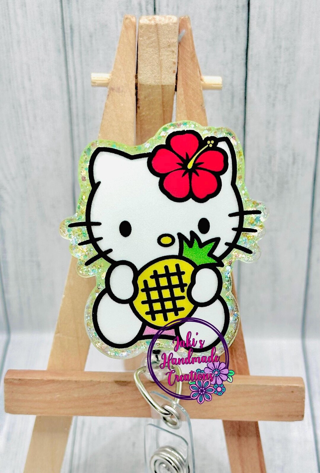 Luau Kitty Badge Reel: Handmade Glitter Pineapple & Hibiscus Charm - Etsy