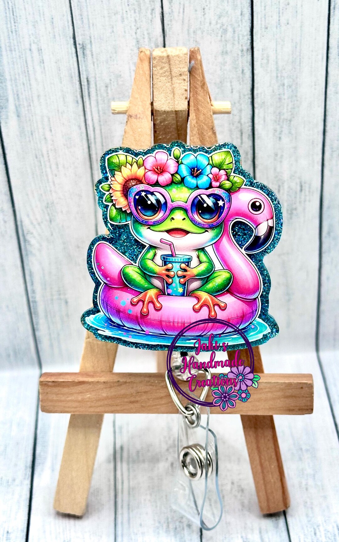 Tropical Frog on Flamingo Pool Floatie - Badge Reel or Lanyard - Etsy