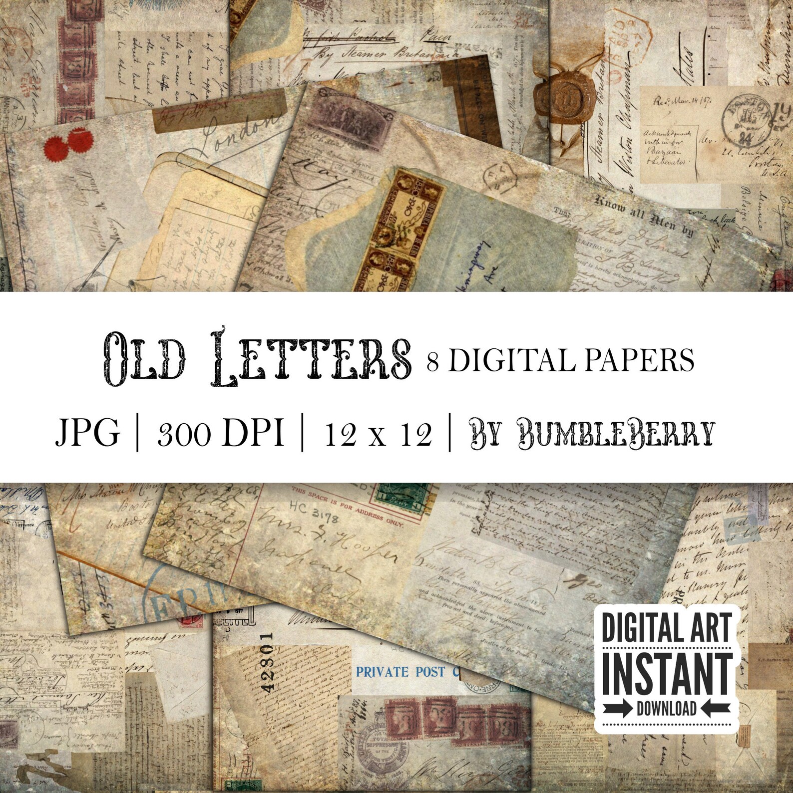 Old Letters, Vintage Background Papers, 12 X 12 Paper Pack, 8 Printable ...