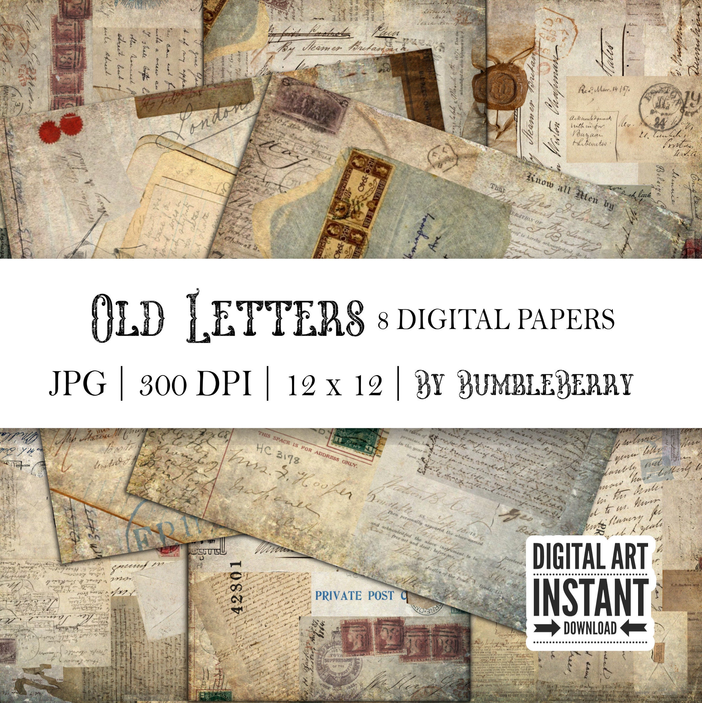 Old Letters, Vintage Background Papers, 12 X 12 Paper Pack, 8 Printable ...