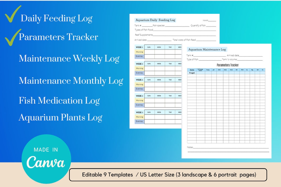 Canva,editable, Aquarium Maintenance Log Templates Aquarium Care ...