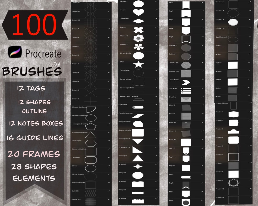 100 Geometric Procreate Stamps, Shapes, Frames, Planner Brushes ...