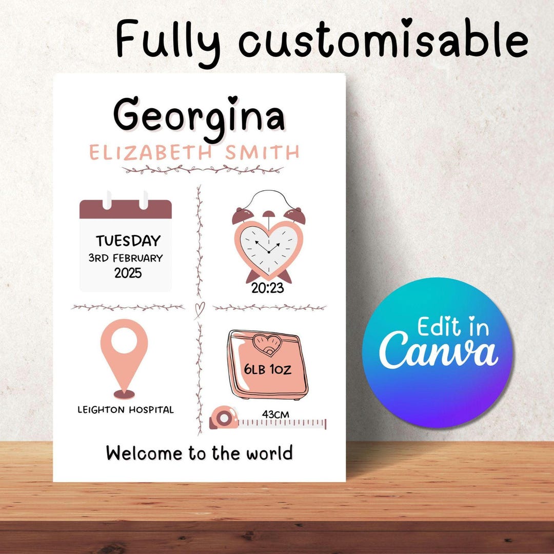 New Baby Birth Information Nursery Print Birthdate Weight Time Location ...