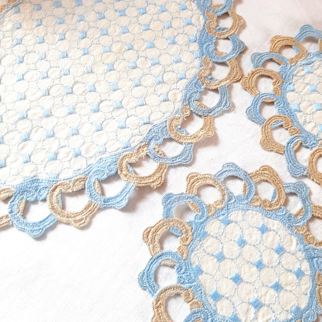 Vintage Tray Cloth Set... Light Blue & Coffee Brown... Lacy Edge Linens ...