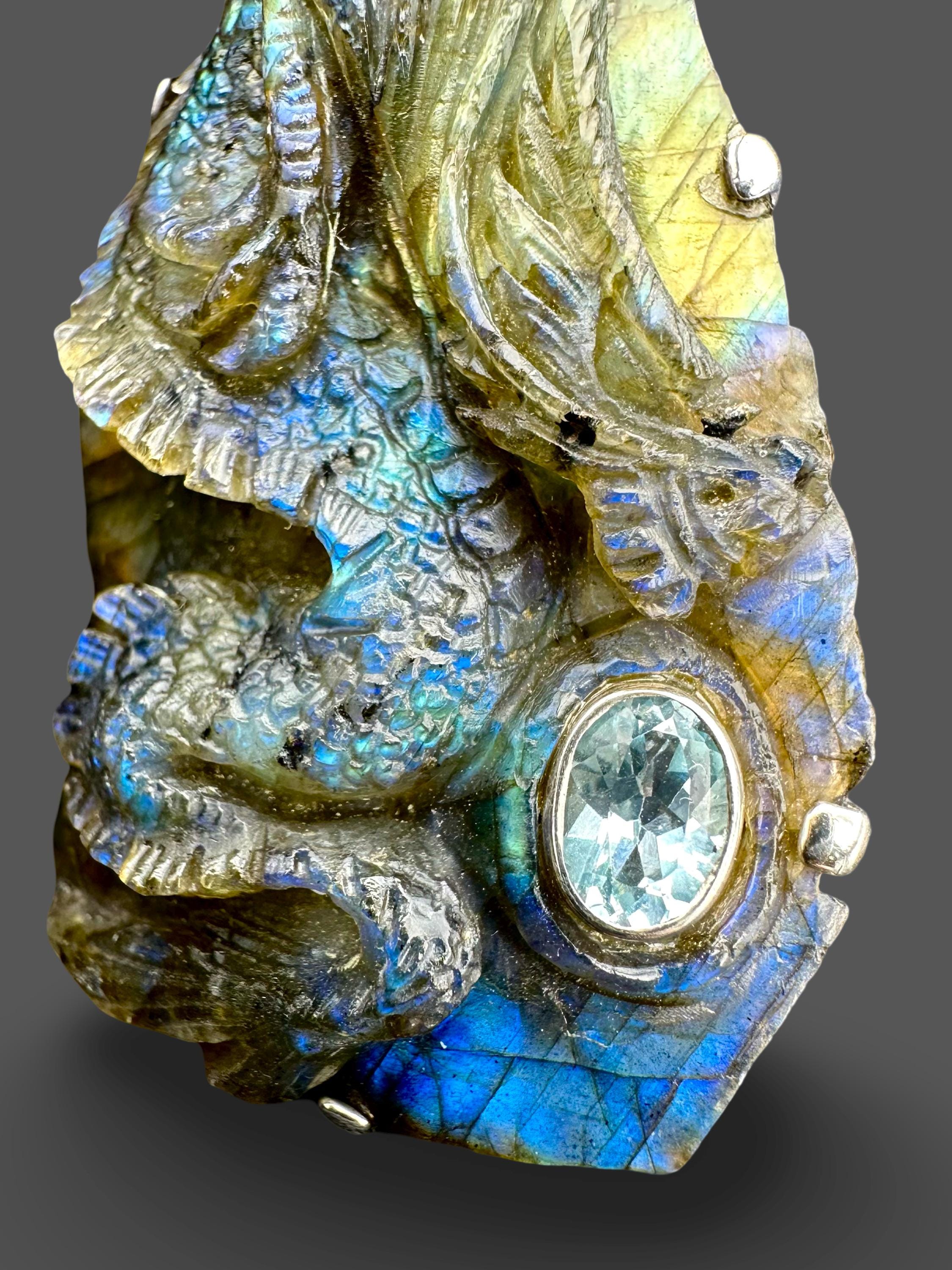 Labradorite Dragon Pendant With Faceted Aquamarine 925 Sterling Silver ...