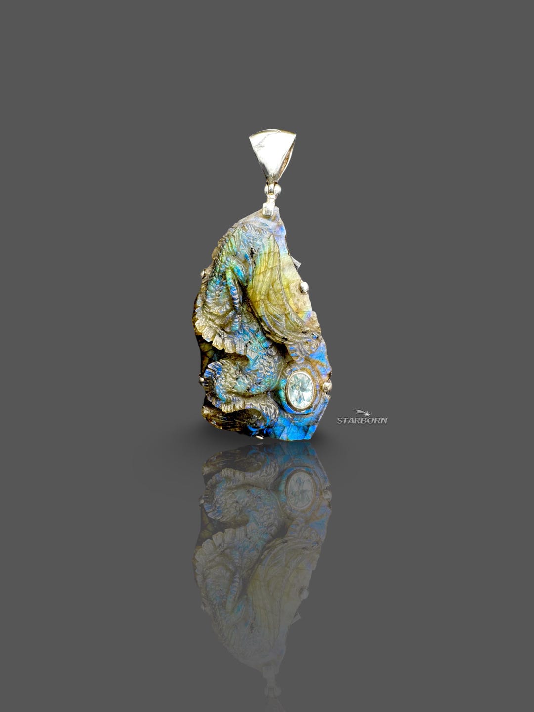 Labradorite Dragon Pendant With Faceted Aquamarine 925 Sterling Silver ...