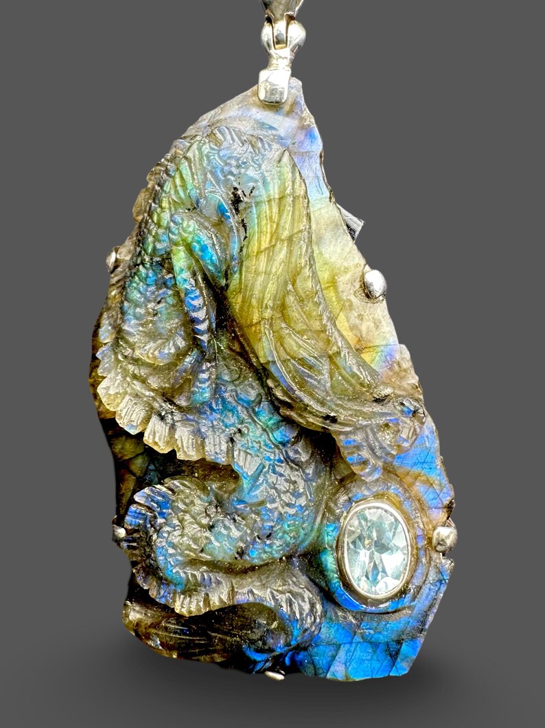 Labradorite Dragon Pendant With Faceted Aquamarine 925 Sterling Silver ...