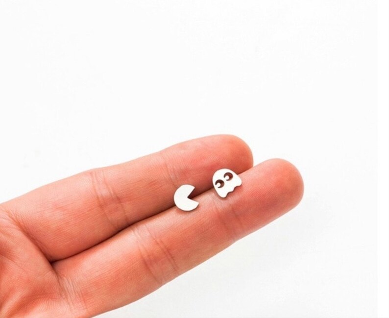 Pac Man Stud Earrings in Sterling Silver Gold - Etsy