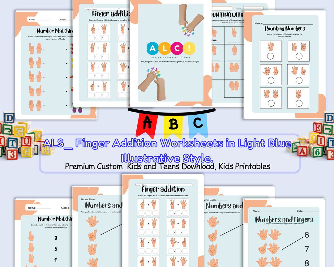 ALS_ Finger Addition Worksheets in Light Blue Illustrative Style, ALS ...
