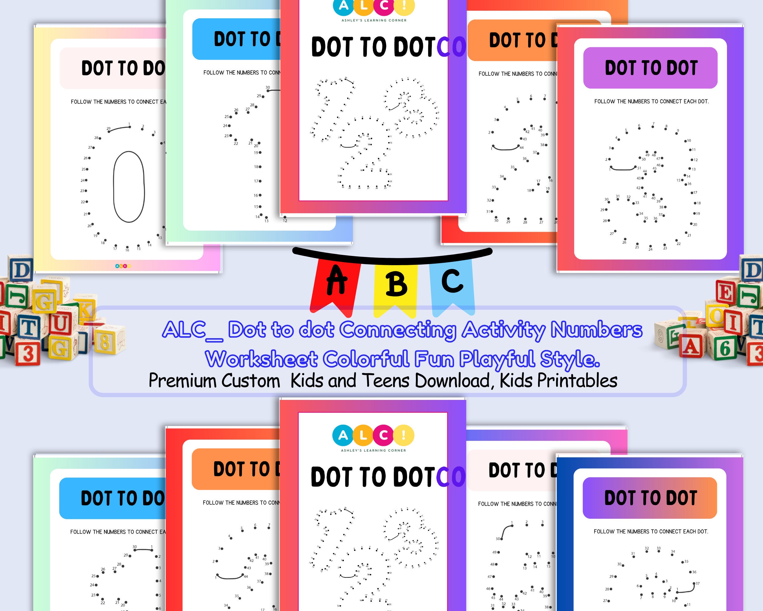 Dot to Dot Connecting Activity Numbers Worksheet, Colorful Fun Playful ...