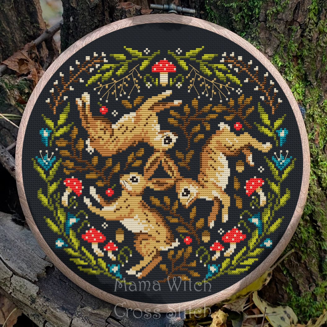 Three Hares Cross Stitch Pattern: Trinity Rabbit & Mushrooms (PDF ...