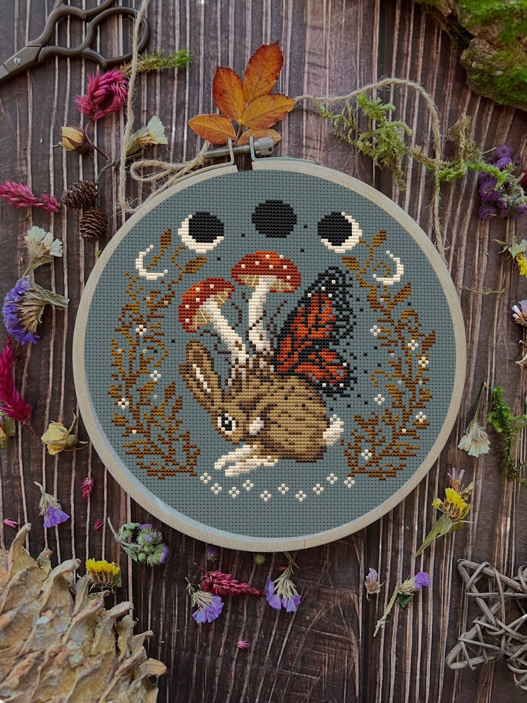 Moon Phase Rabbit Cross Stitch Pattern: Witchy Butterfly Design (PDF ...