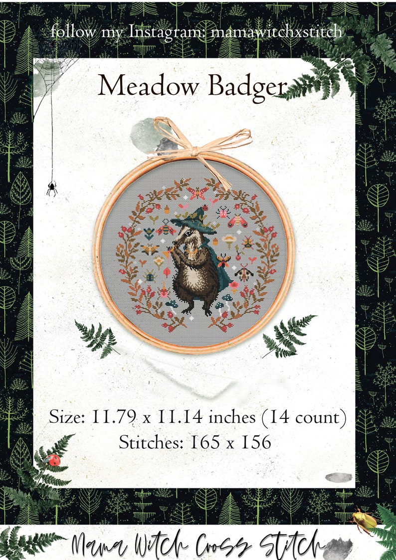 Whimsical Meadow Badger Cross Stitch Pattern: Witchy Floral Embroidery ...