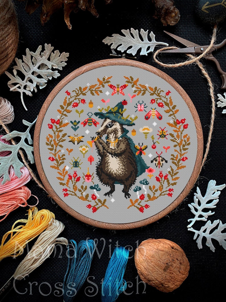 Whimsical Meadow Badger Cross Stitch Pattern: Witchy Floral Embroidery ...
