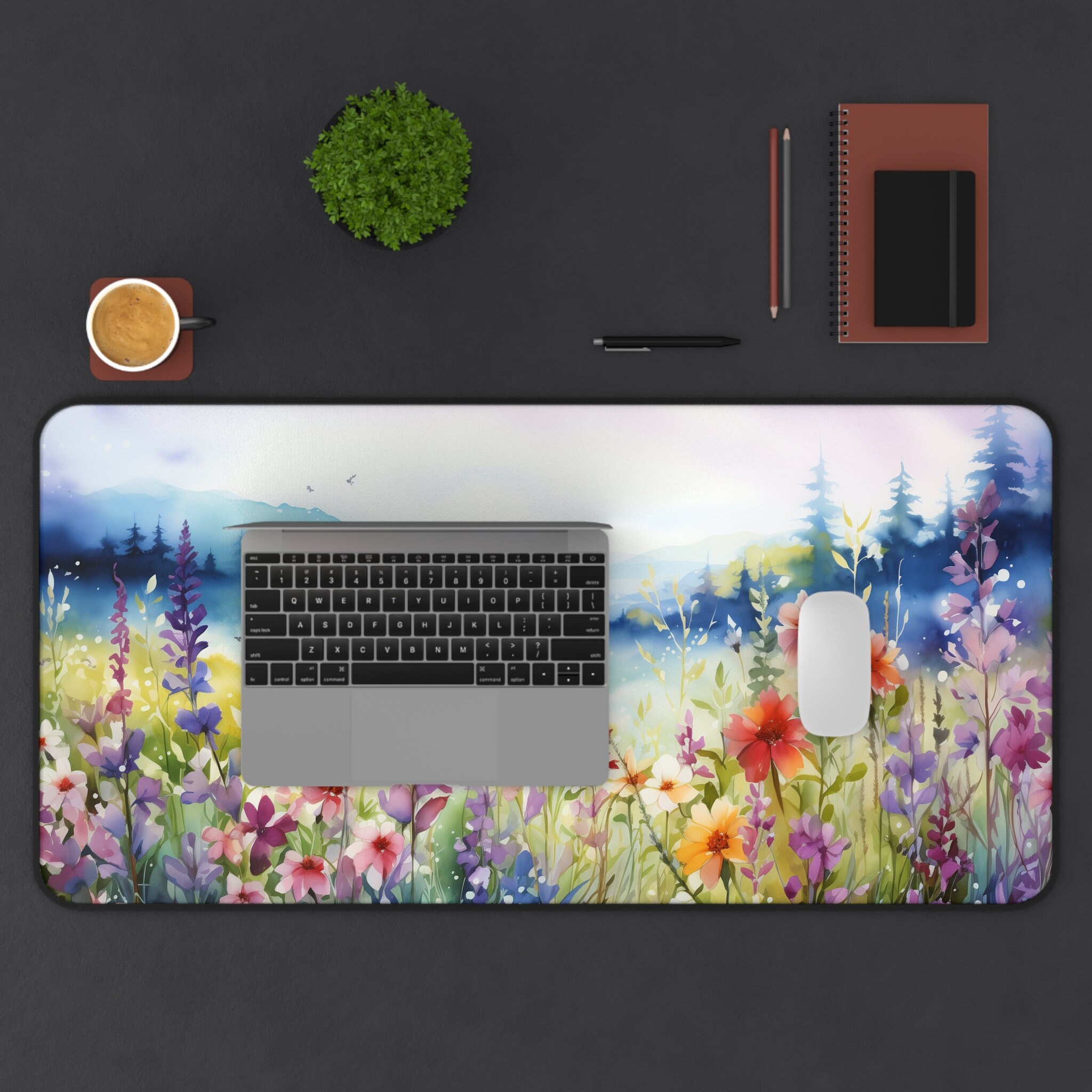 Watercolor Wildflowers Landscape Desk Mat, Playmat, Keyboard Pad, Mouse ...