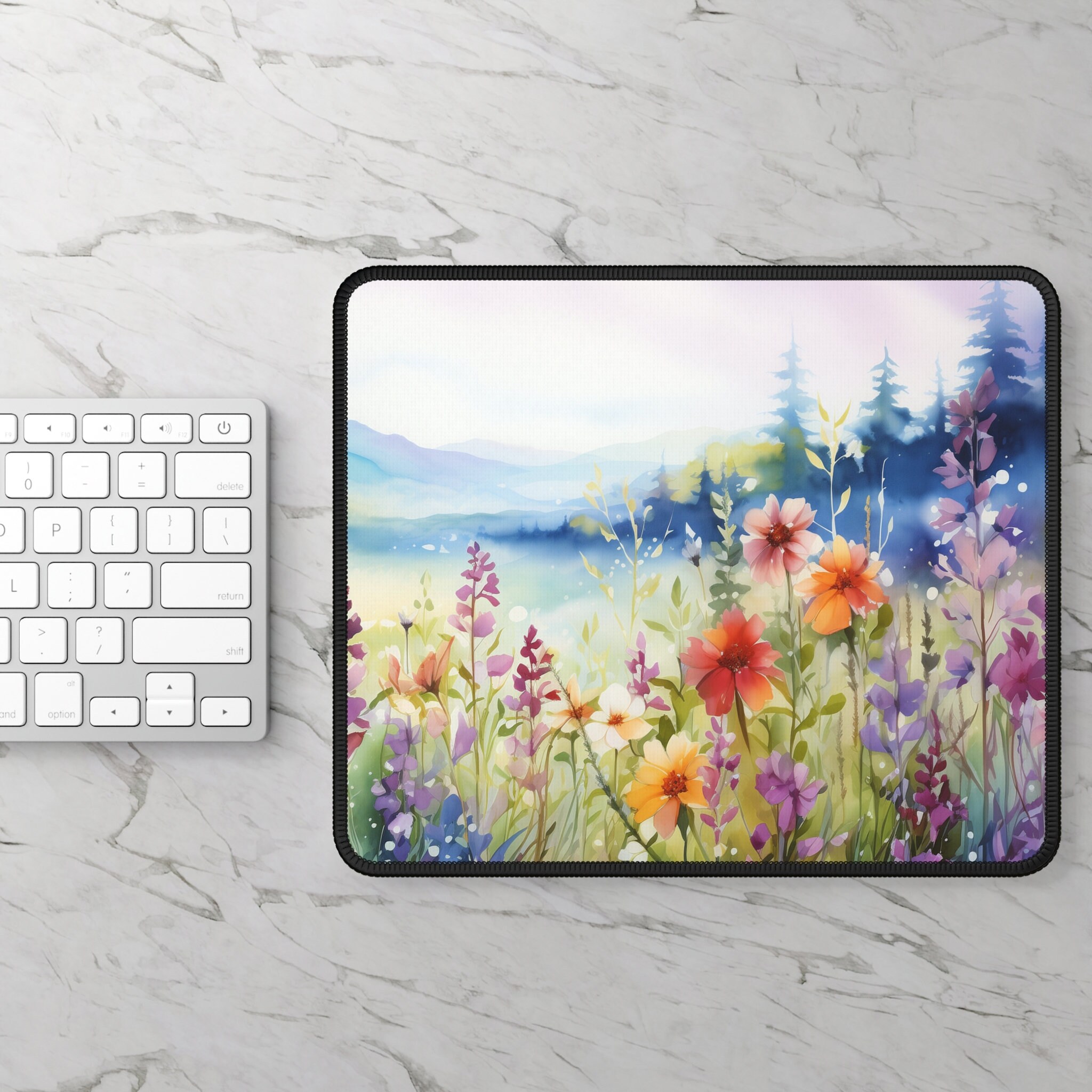 Watercolor Wildflowers Landscape Desk Mat, Playmat, Keyboard Pad, Mouse ...